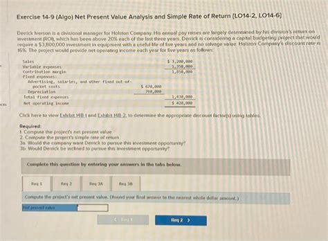 solved exercise 14 9 algo net present value analysis and