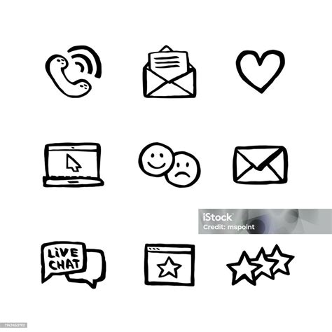 소박한 스타일의 아이콘을 설정 합니다 콜 센터 개념입니다 고객 서비스 채팅 낙서 잉크 스타일 평가 관련 된 벡터 손으로 그린 라인 아이콘의 집합입니다 평가 피드백 리뷰 감정