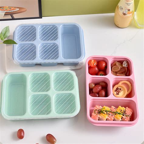 Reusable Bento Box 5 Compartment Wheat Lunch Box Bento Snack Box With