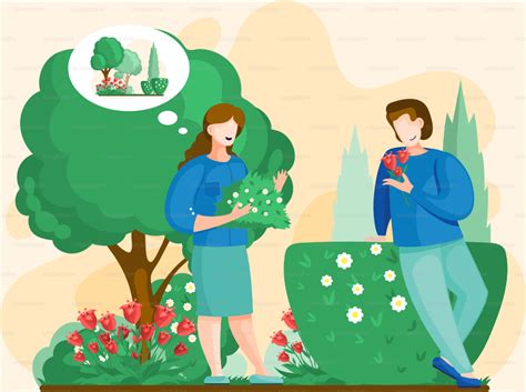 사람들 정원사 농부는 정원에서 일합니다 부부 정원 가꾸기 잔디밭이나 뒤뜰에서 식물과 꽃을 재배하는 여성 및 남성 농부 농업 노동자 화단에 심기 토론 정원 가꾸기