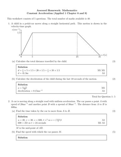 Edexcel Applied 1 Chapter 8 And 9 Homework Constant Acceleration Teaching Resources