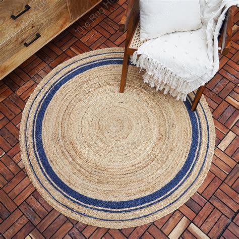 Handmade Braided Jute Round Rug Navy Border Bohemian Style Etsy