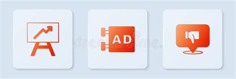 Set Advertising Board With Graph Chart And Dislike Speech Bubble White Square Button Stock