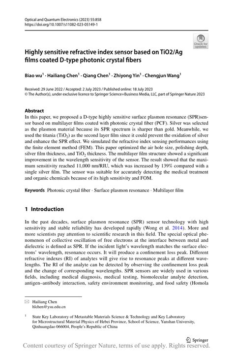 Highly Sensitive Refractive Index Sensor Based On Tio2ag Films Coated D Type Photonic Crystal