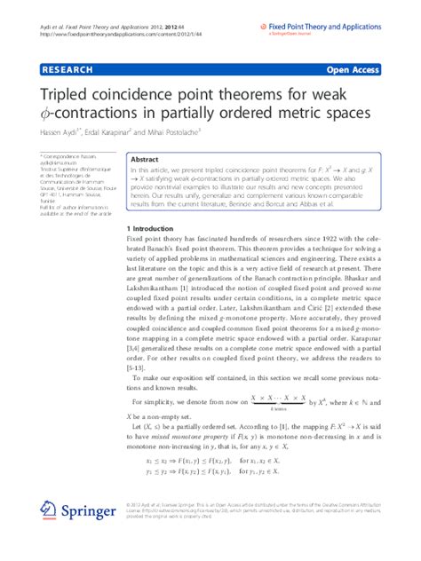 Pdf Tripled Coincidence Point Theorems For Weak φ Contractions In Partially Ordered Metric Spaces