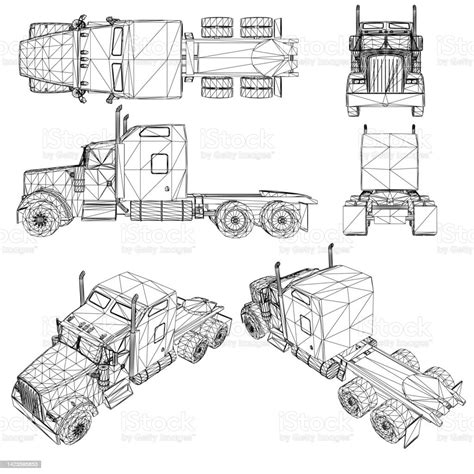 흰색 배경에 고립 된 검은 선에서 트레일러없이화물 트럭의 와이어 프레임으로 설정 전면 측면 후면 상단 아이소메트릭 뷰 3d 벡터 일러스트레이션 세미 트럭에 대한 스톡 벡터