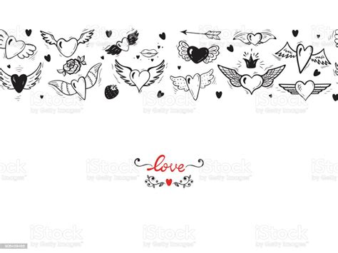 사랑 해요 벡터 원활한 가로 테두리 배너입니다 발렌타인 데이 또는 결혼식 인사말 카드에 대 한 날개와 마음 아름 다운 낙서 심장
