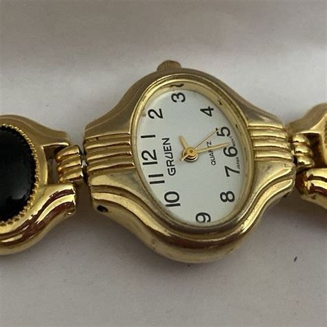 Vintage Gruen Watch Women Gold Tone Gemstones Reversible Bracelet Needs