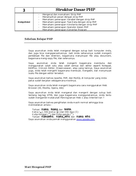 3 Struktur Dasar PHP Tutorial PHP 3 Struktur Dasar PHP Kompetensi Mengenal Dan Memahami
