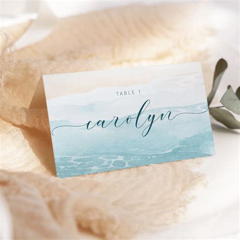Ocean Beach Wedding Place Card Templatesummer Coastal Beach Card
