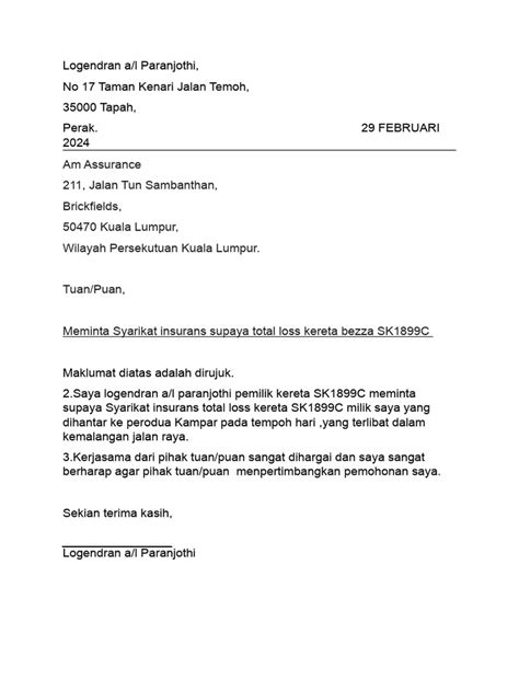 Surat Total Loss Kereta Sk1899c Bezza Pdf