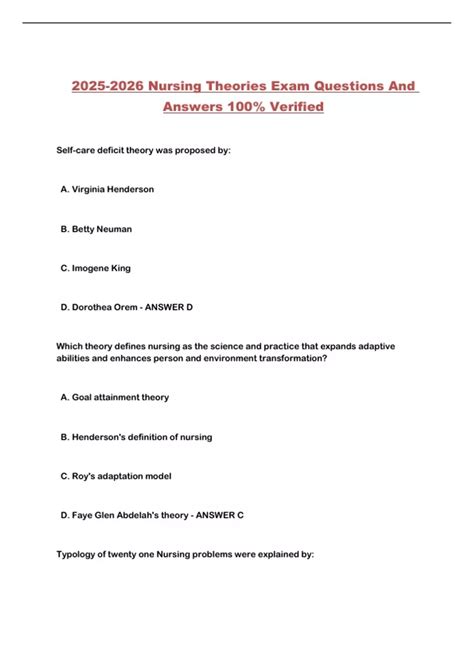 Nursing Theories Exam Questions And Answers 100 Verified Nursing Theories Stuvia Us