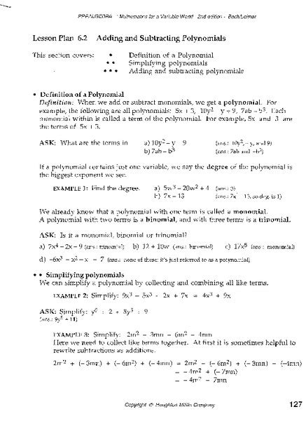 Adding And Subtracting Polynomials Lesson Plan For 8th 10th Grade Lesson Planet