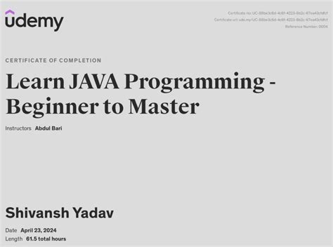 completed learn java programming course on udemy shivansh yadav