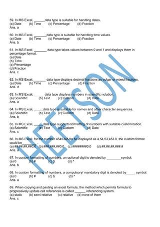 MS Excel MCQ Questions And Answers Microsoft Office PDF Computing Technology Computing