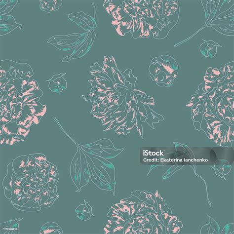 회색 배경에 파스텔 색상의 윤곽 손으로 그린 모란 꽃과 원활한 벡터 꽃 패턴 복고풍 스타일의 디지 프린트 개화기에 대한 스톡 벡터 아트 및 기타 이미지 Istock