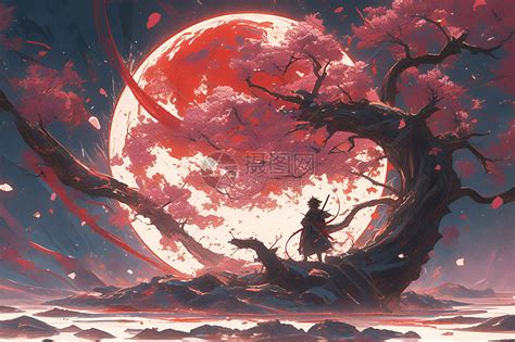 满月樱花树下的武士插画图片下载 正版图片601075452 摄图网