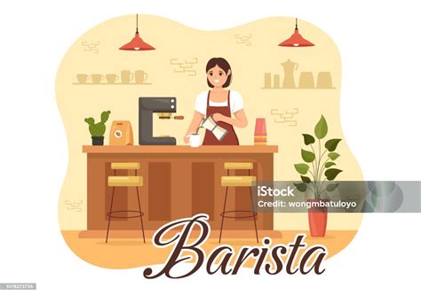 바리스타 그림 평면 만화 손으로 그린 랜딩 페이지 또는 웹 배너 템플릿에서 고객을 위해 커피를 만드는 스탠딩 앞치마를 입고 있다 고객에 대한 스톡 벡터 아트 및 기타 이미지
