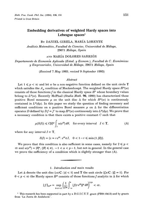 Pdf Embedding Derivatives Of Weighted Hardy Spaces Into Lebesgue Spaces
