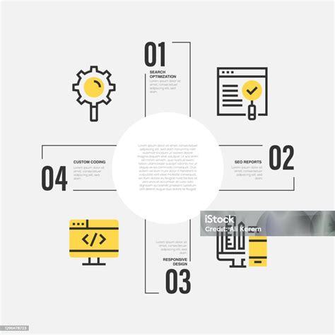 인포그래픽 디자인 템플릿입니다 검색 최적화 키워드 검색 응답 디자인 4가지 옵션 또는 단계가 있는 사용자 지정 코딩 아이콘 0명에 대한 스톡 벡터 아트 및 기타 이미지