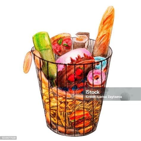 쓰레기 바구니에 건강에 해로운 음식 건강에 해로운 라이프 스타일 햄버거 담배 피자 도넛 감자 튀김 칩 패스트리 젖꼭지 케이크 알코올 래스터 격리 일러스트 감자 요리에 대한