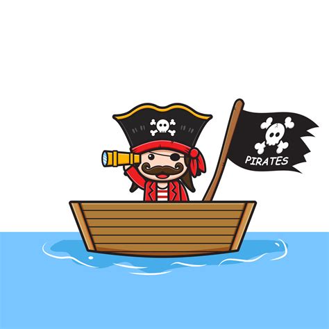 Cute Captain Pirates Holding Telescope Riding Boat Cartoon Icon