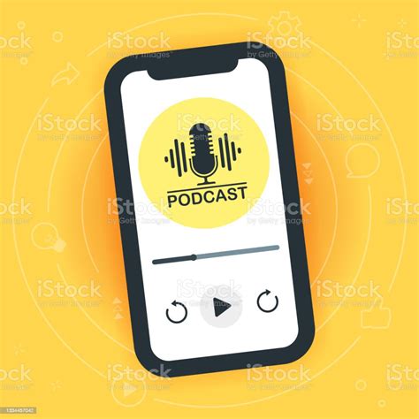 화면에 팟 캐스트 로고가있는 모바일 스마트 폰 인터넷 라디오 방송 오디오 팟캐스트를 듣거나 녹음하는 추상적인 남자 마이크가 있는 로그인합니다 격리된 벡터 그림 Brand