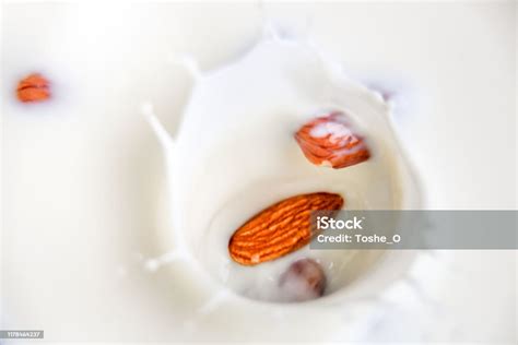 아몬드 밀크 스플래시 우유 한 잔에 떨어지는 아몬드 채식주의 0명에 대한 스톡 사진 및 기타 이미지 0명 건강관리와 의술 건강한 생활방식 Istock