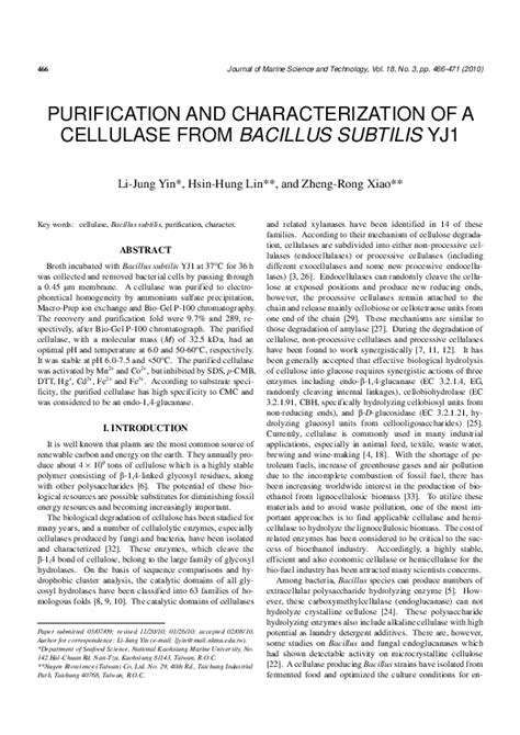 Pdf Purification And Characterization Of A Cellulase From Bacillus Subtilis Yj1