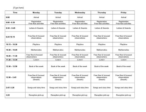 Reception Timetable Langham Village School