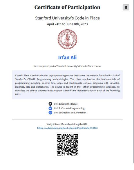 Irfan Ali On Linkedin Stanford Codeinplace Cs106a Icodeguru Codeinplacegraduate