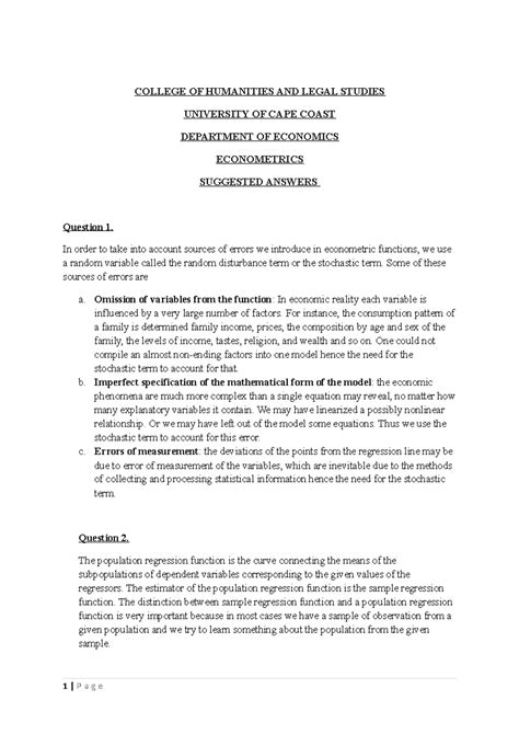 Econometrics Quiz 1 Marking Scheme College Of Humanities And Legal