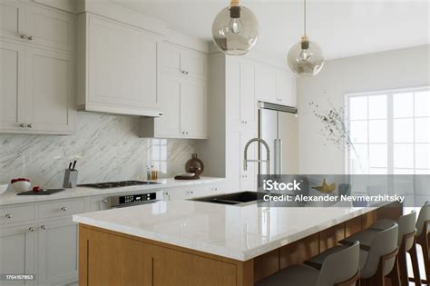 주방 아일랜드의 전망 제품 프레젠테이션을 위한 흐릿한 흰색 주방 배경이 있는 흰색 대리석 조리대 보케의 흐릿한 주방 배경이 있는 테이블 3d 렌더링 조리대에 대한 스톡 사진