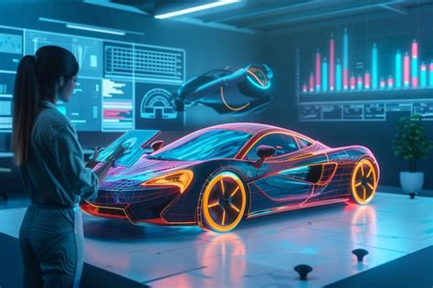 Female Engineer Analyzing Sports Car Aerodynamics Premium Ai Generated Image