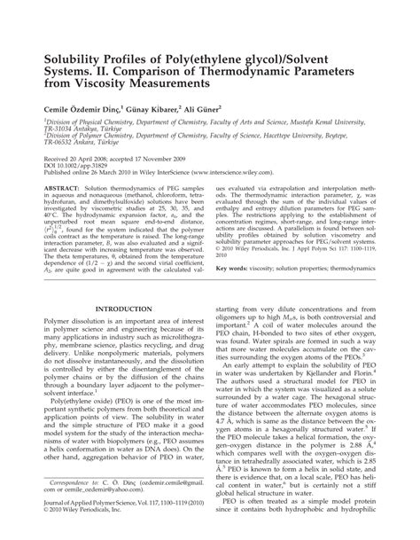 Pdf Solubility Profiles Of Poly Ethylene Glycol Solvent Systems Ii Comparison Of