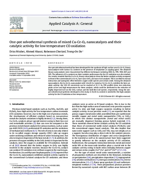Pdf One Pot Solvothermal Synthesis Of Mixed Cu Ce Ox Nanocatalysts