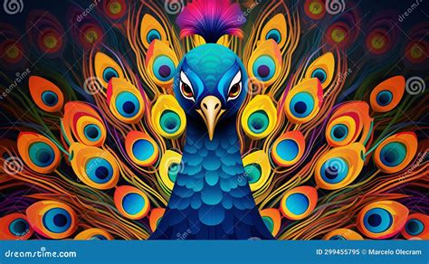 A Colorful Peacock Illustration Facing Forward With Tail Feathers That