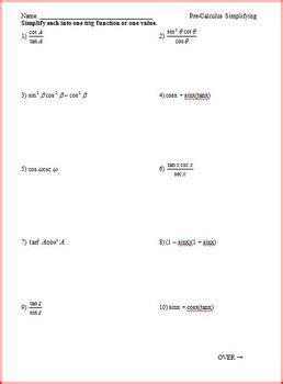 Trig Expressions Simplifying Using The Identities WS By Rita Rhinestone