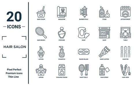미용실 선형 아이콘 세트입니다 얇은 선 머리 색깔 헤어 브러시 로션 앞치마 철 비누 보고서 프리젠 테이션 다이어그램 웹 디자인을