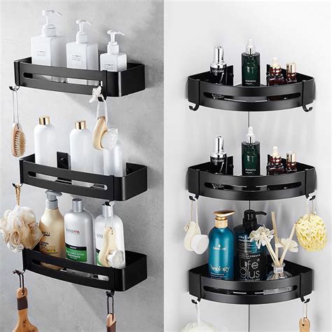 Badu Bg Триъгълна стойка за съхранение на кърпи за душ Черни ъглови рафтове Стенен алуминиев