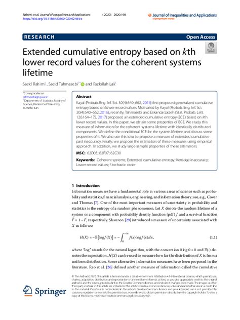 Pdf Extended Cumulative Entropy Based On Kth Lower Record Values For The Coherent Systems Lifetime