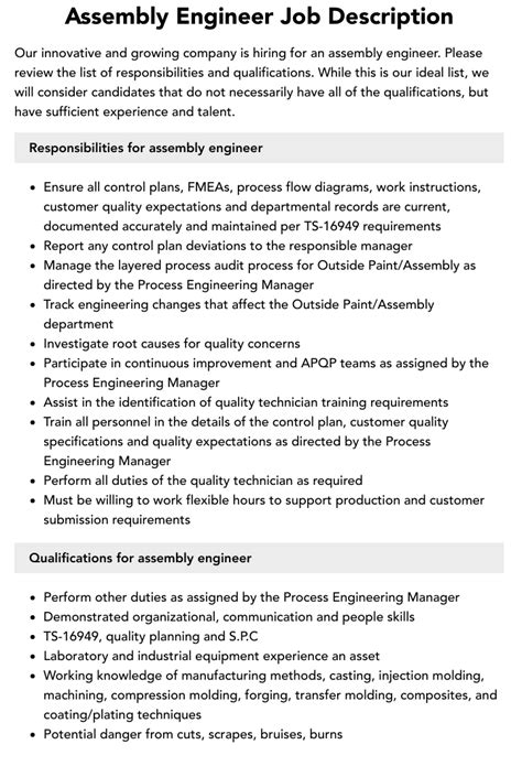 Assembly Engineer Job Description Velvet Jobs