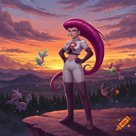 Jessie From Team Rocket Stands On A Cliff At Sunset With Mountains And