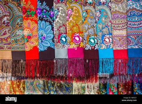 Traditional Pavlovo Posad shawls in wholesale store in the factory ...