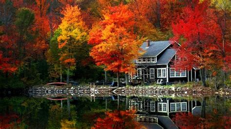 Autumn Lake House Scenery Animated Autumn Lake Scene Animated Fall