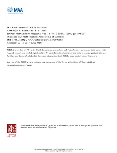 Pdf Full Rank Factorization Of Matrices