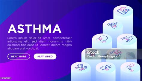 얇은 라인 등각투영 아이콘이있는 천식 웹 페이지 템플릿 알레르겐 호흡 곤란 기침 천명 가슴 통증 횡격막 천식 발작 가래 피크 유량계 흡입기 분무기 벡터 그림입니다 0명에