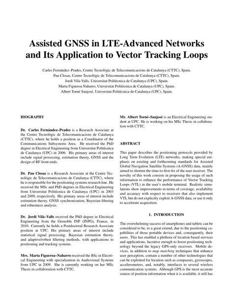 Pdf Assisted Gnss In Lte Advanced Networks And Its Application To Vector Tracking Loops