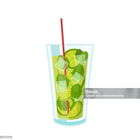 유리 벡터 그림의 칵테일 모히토 녹색 여름 알코올 음료와 얼음 조각 빨대를 마시는 만화 격리 컵 바에서 해변 수영장 파티를 위한 열대 신선한 음료 물에 대한 스톡 벡터 아트