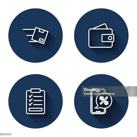 골판지 상자 지갑 클립보드 체크리스트 및 긴 그림자가 있는 퍼센트 할인 전화로 라인 위치를 설정합니다 파란색 원 버튼 벡터 건강 검진에 대한 스톡 벡터 아트 및 기타 이미지